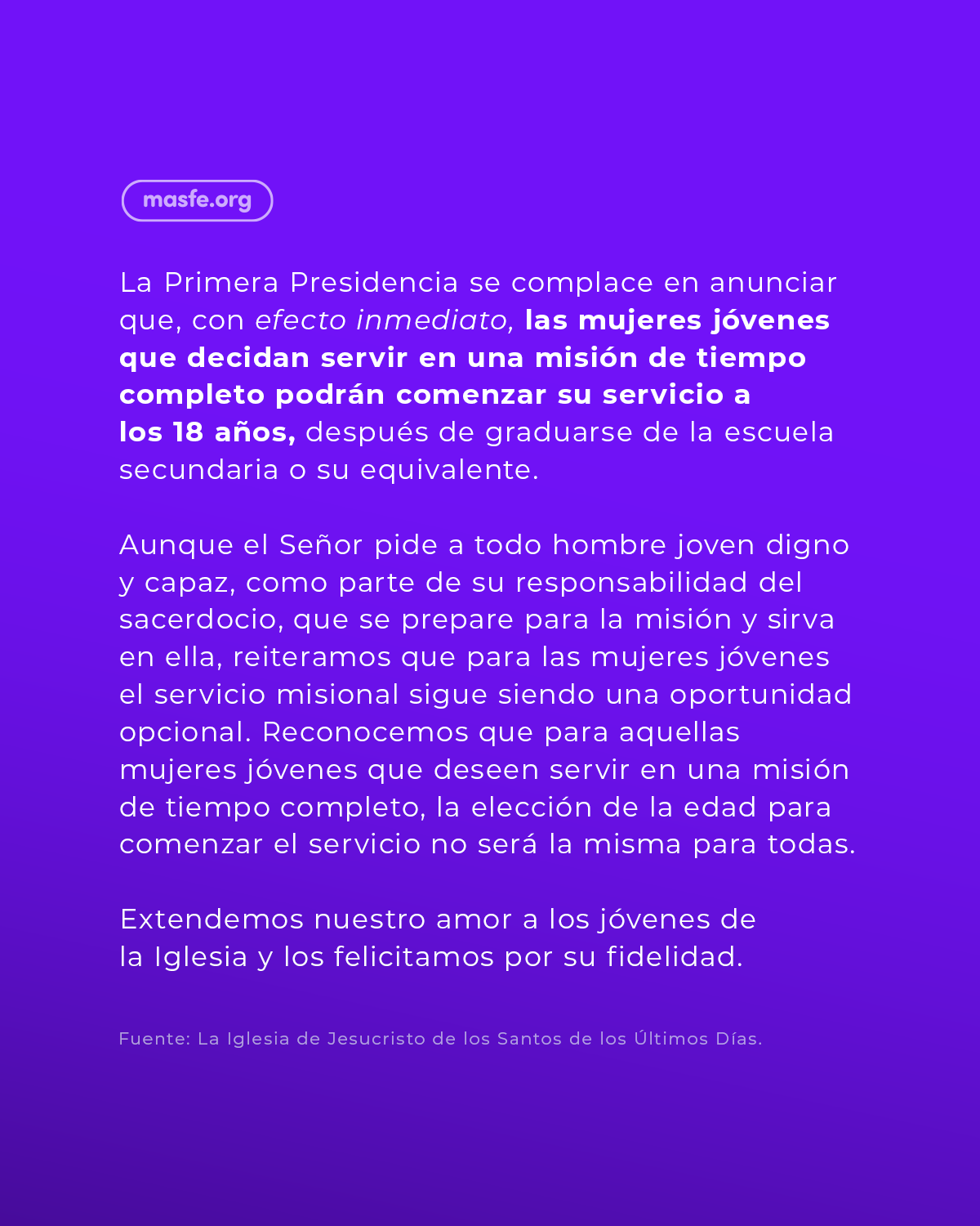 Se reduce la edad requerida para prestar servicio misional a mujeres